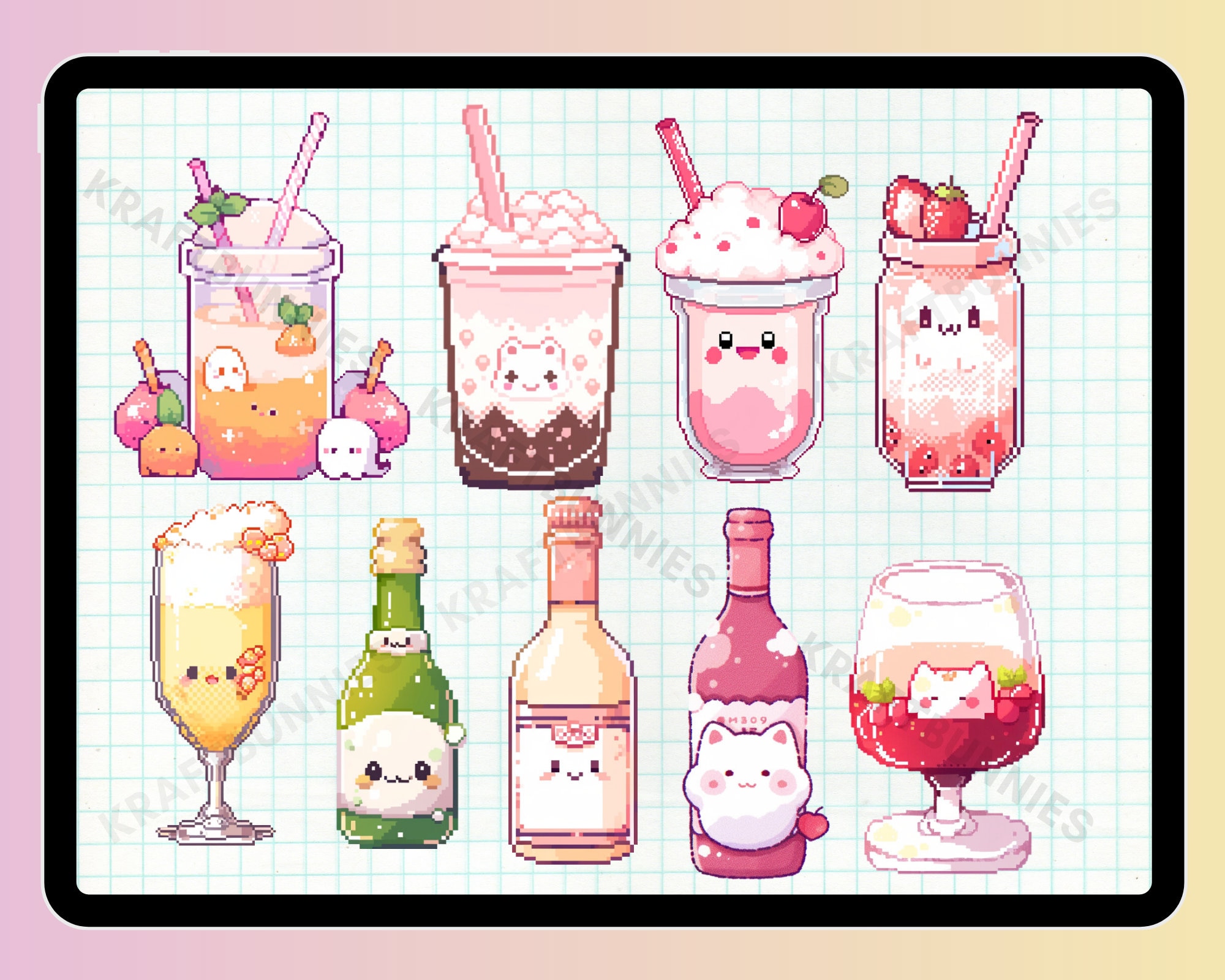 Kawaii Drinks Pixel Art Clipart, Pastel Watercolor Stickers (PNG ...