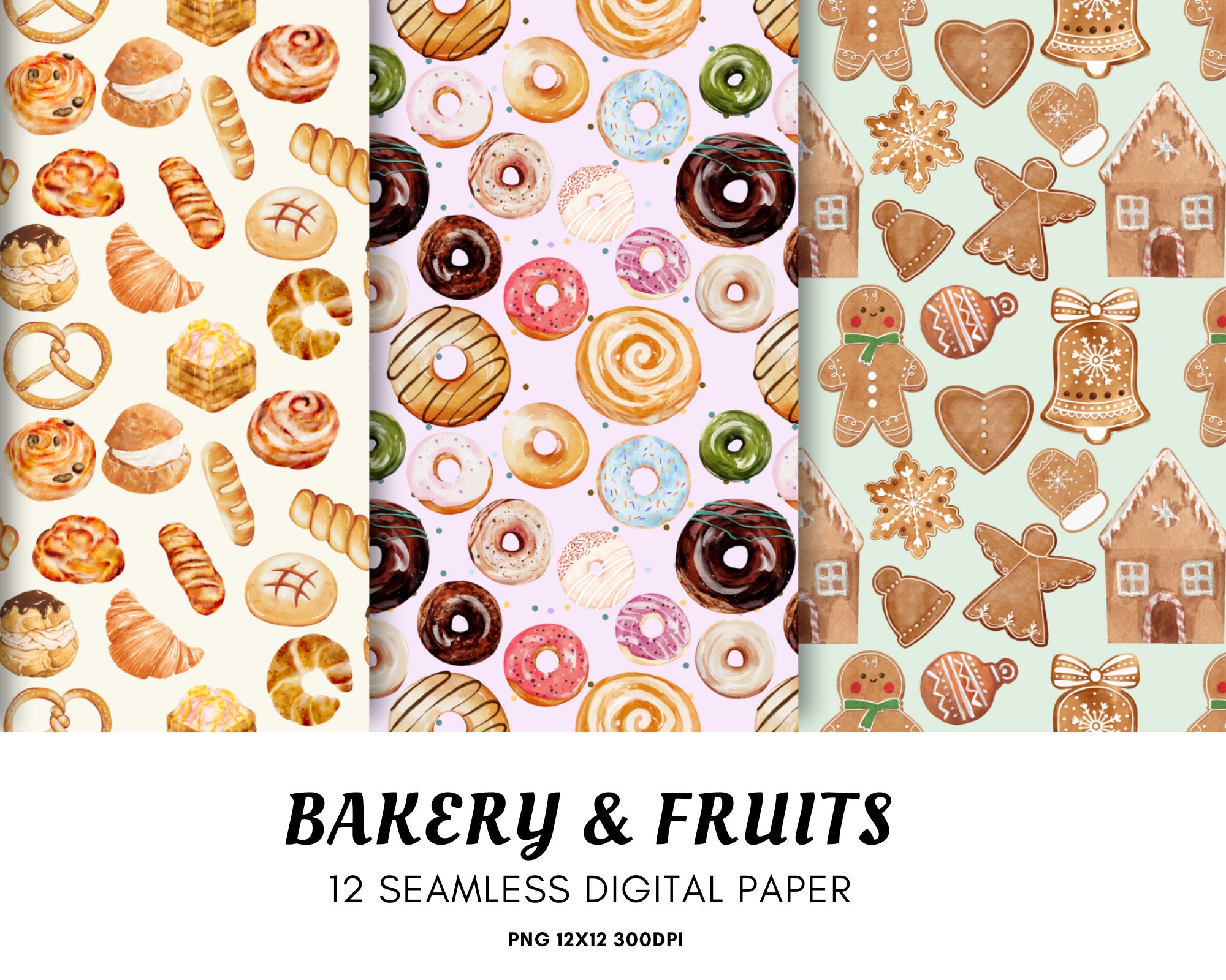 Seamless Pattern Bakery & Fruits in Watercolor Style , Seamless Repeat ...