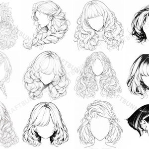 Procreate Photoshop Girl Hairstyle Line Art Stamp Bundle Pack Long