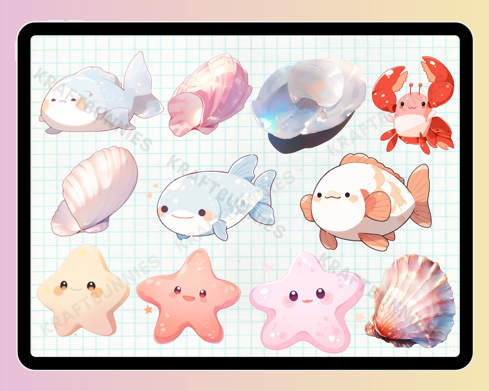 Kawaii Mermaid Clipart, Sea Shells, Corals, Pastel Watercolor (PNG ...