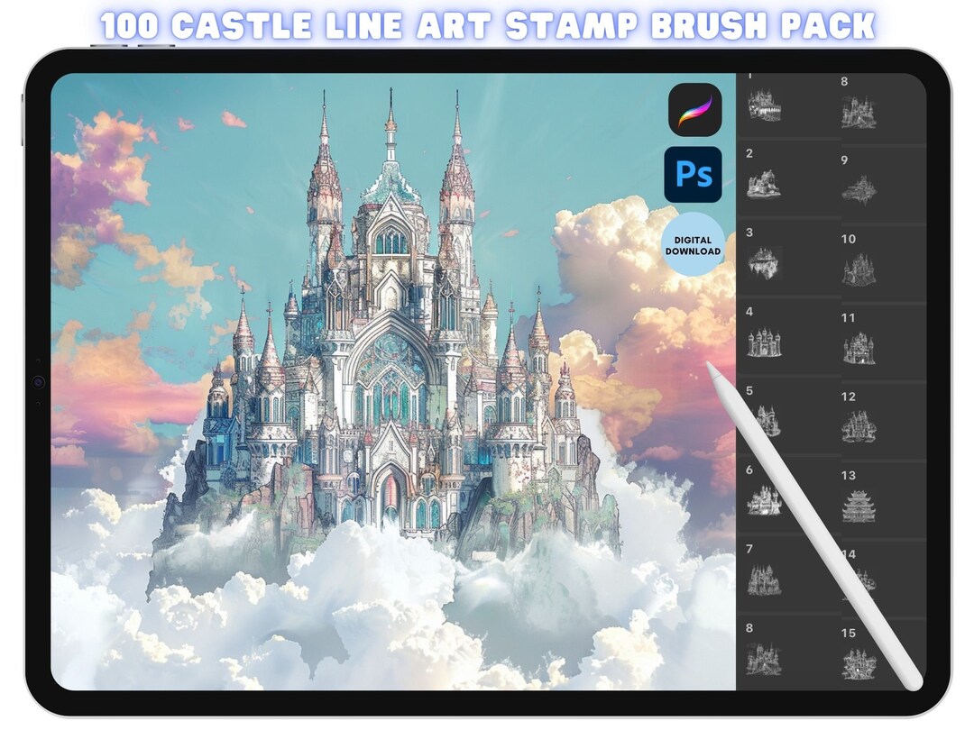 Procreate Photoshop 100 Castle Line Art Stamp Bundle Pack ,medieval, Fantasy, Coloring Pages ...