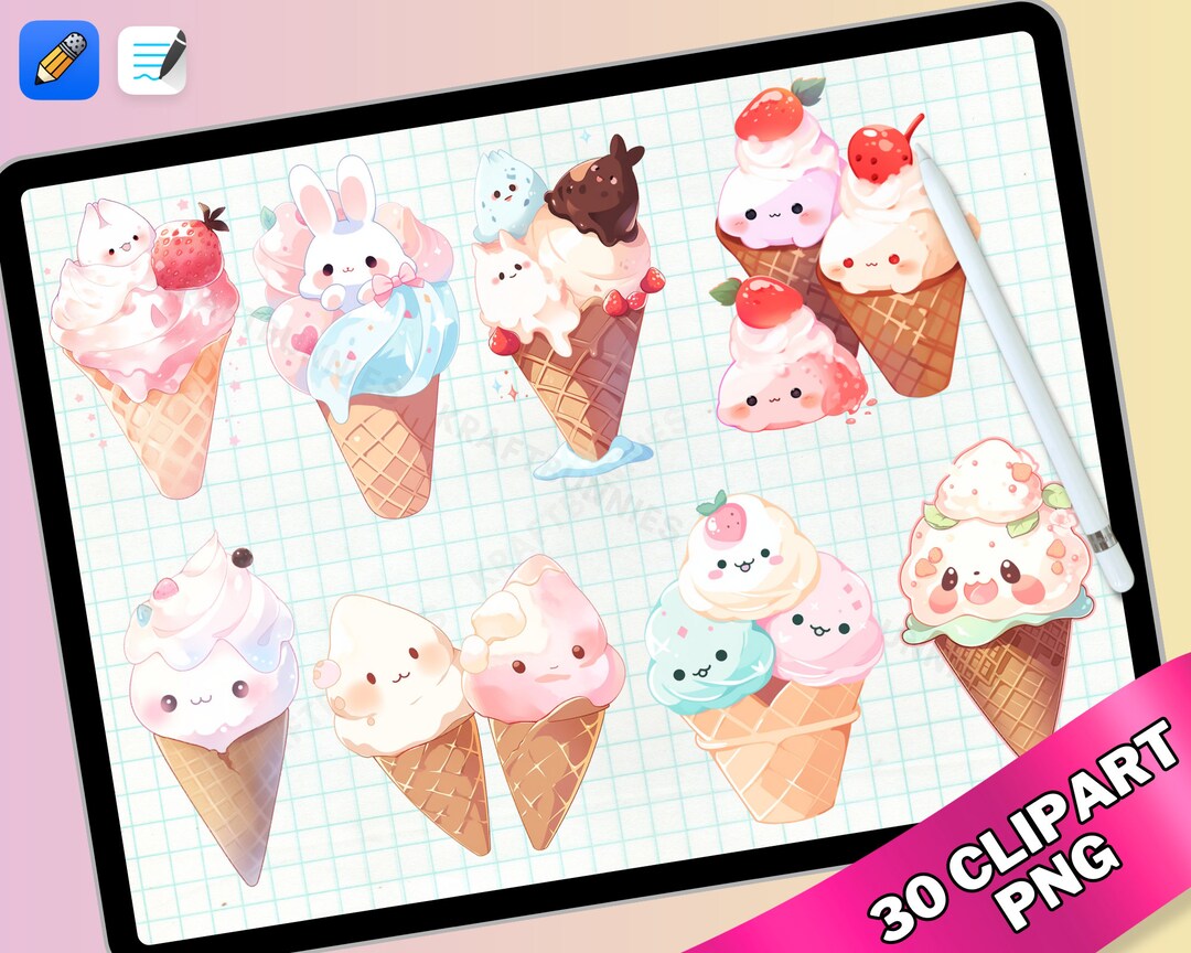 Cute Kawaii Summer Dessert Ice Cream Cone Clipart Pastel Watercolor PNG ...