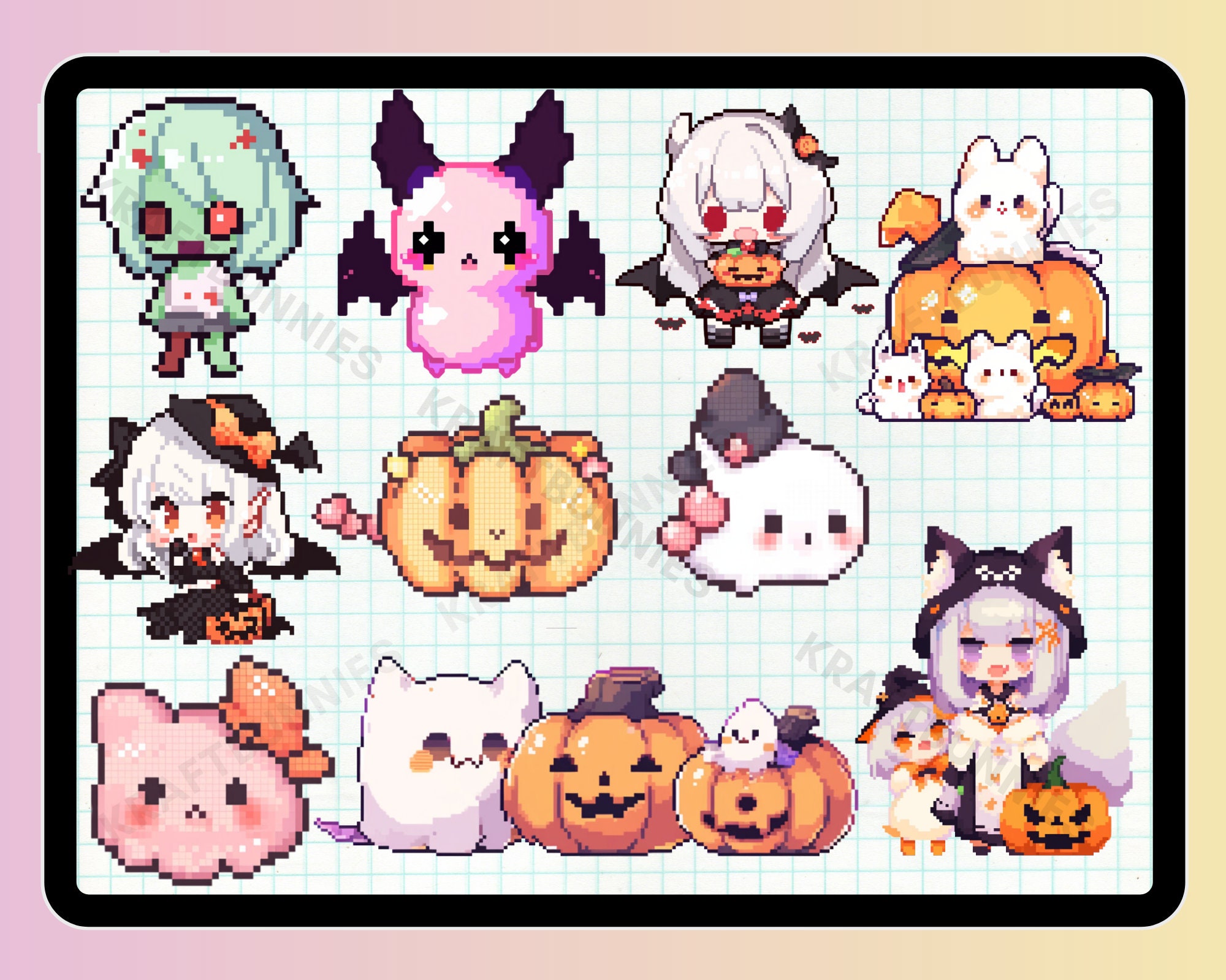 Pixel Art Cute Kawaii Halloween Witchy Spooky Clipart Pastel Watercolor ...