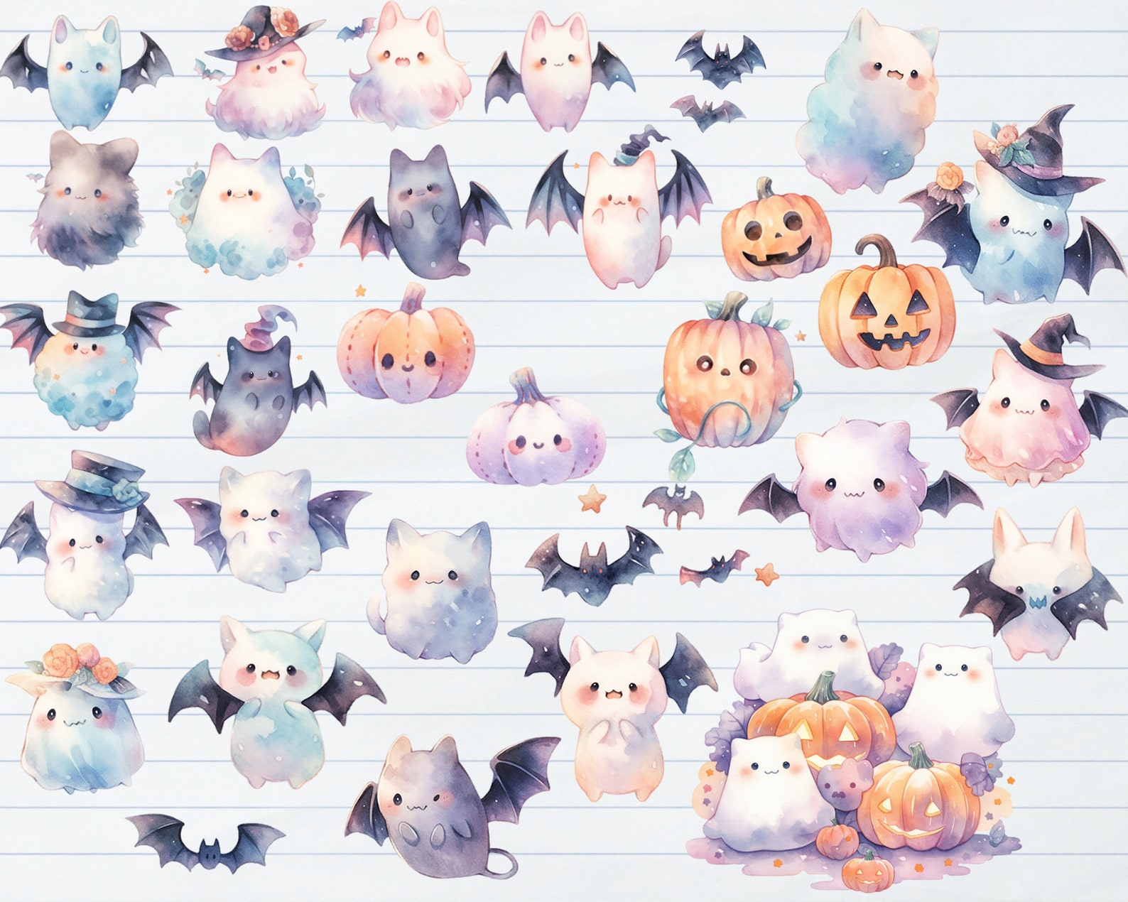 Cute Kawaii Spooky Watercolor Halloween Clipart Bats Ghost PNG Digital ...