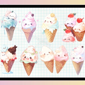 Cute Kawaii Summer Dessert Ice Cream Cone Clipart Pastel Watercolor PNG ...