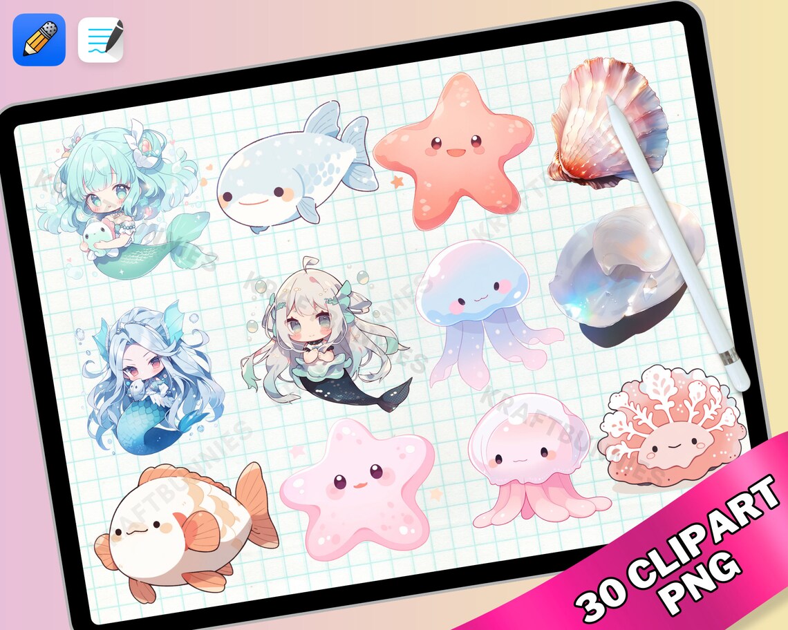 Cute Kawaii Mermaid Sea Corals and Shell Clipart Pastel - Etsy