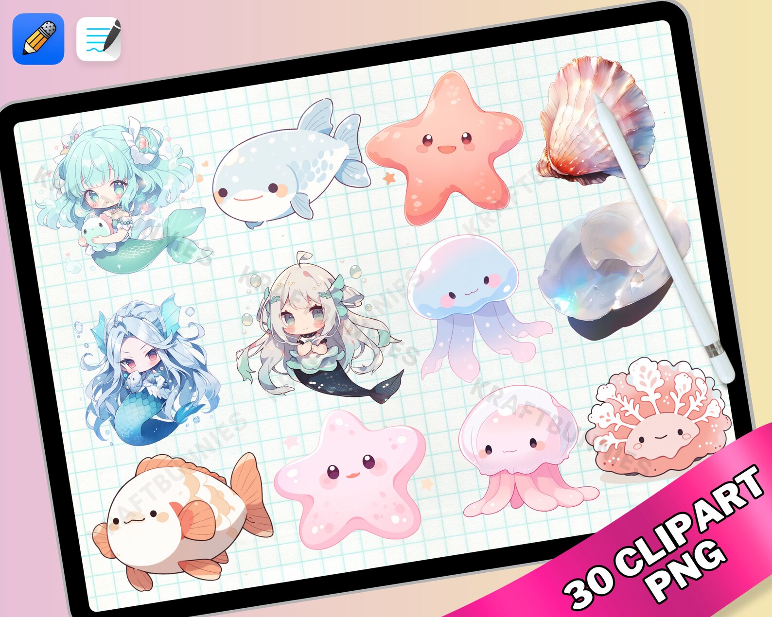 Kawaii Mermaid Clipart, Sea Shells, Corals, Pastel Watercolor (PNG ...