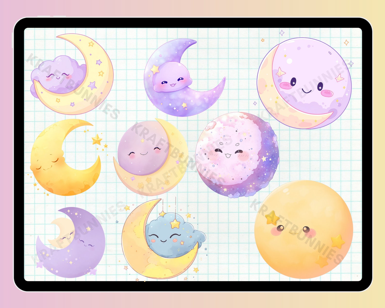 Cute Kawaii Crescent Moon Phase Dreamy Sleepy Clipart Watercolor Pastel ...