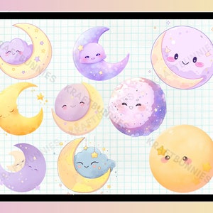Cute Kawaii Crescent Moon Phase Dreamy Sleepy Clipart Watercolor Pastel ...