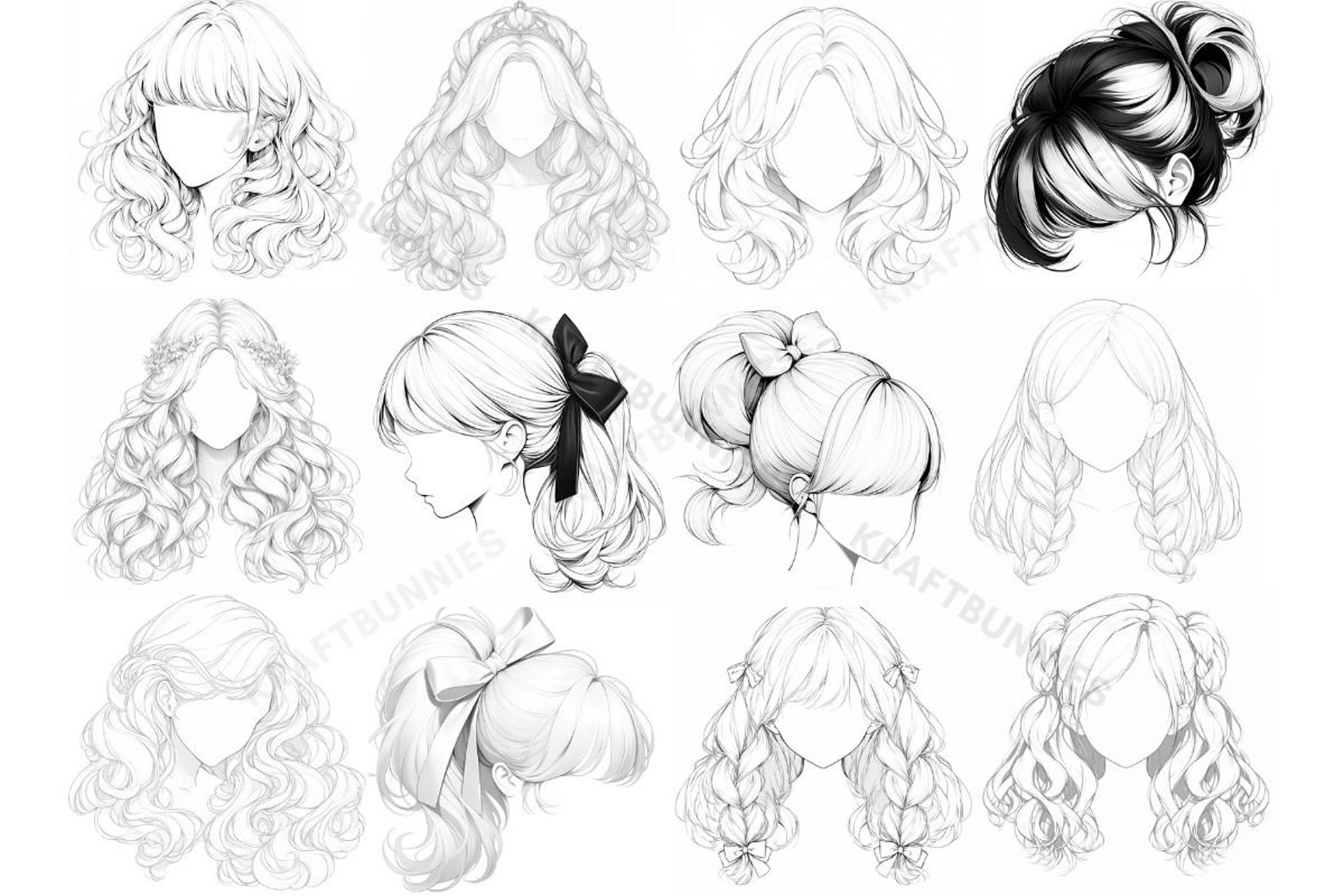 Procreate & Photoshop Girl Hairstyle Line Art Stamp Bundle Pack Long ...