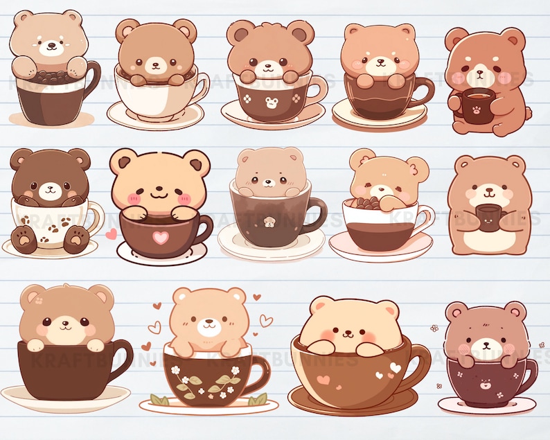 Kawaii Coffee Teddy Bear Clipart, Pastel Watercolor Stickers (PNG ...