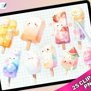 Cute Kawaii Summer Fruit Popsicle Clipart Watercolor Pastel PNG Digital ...