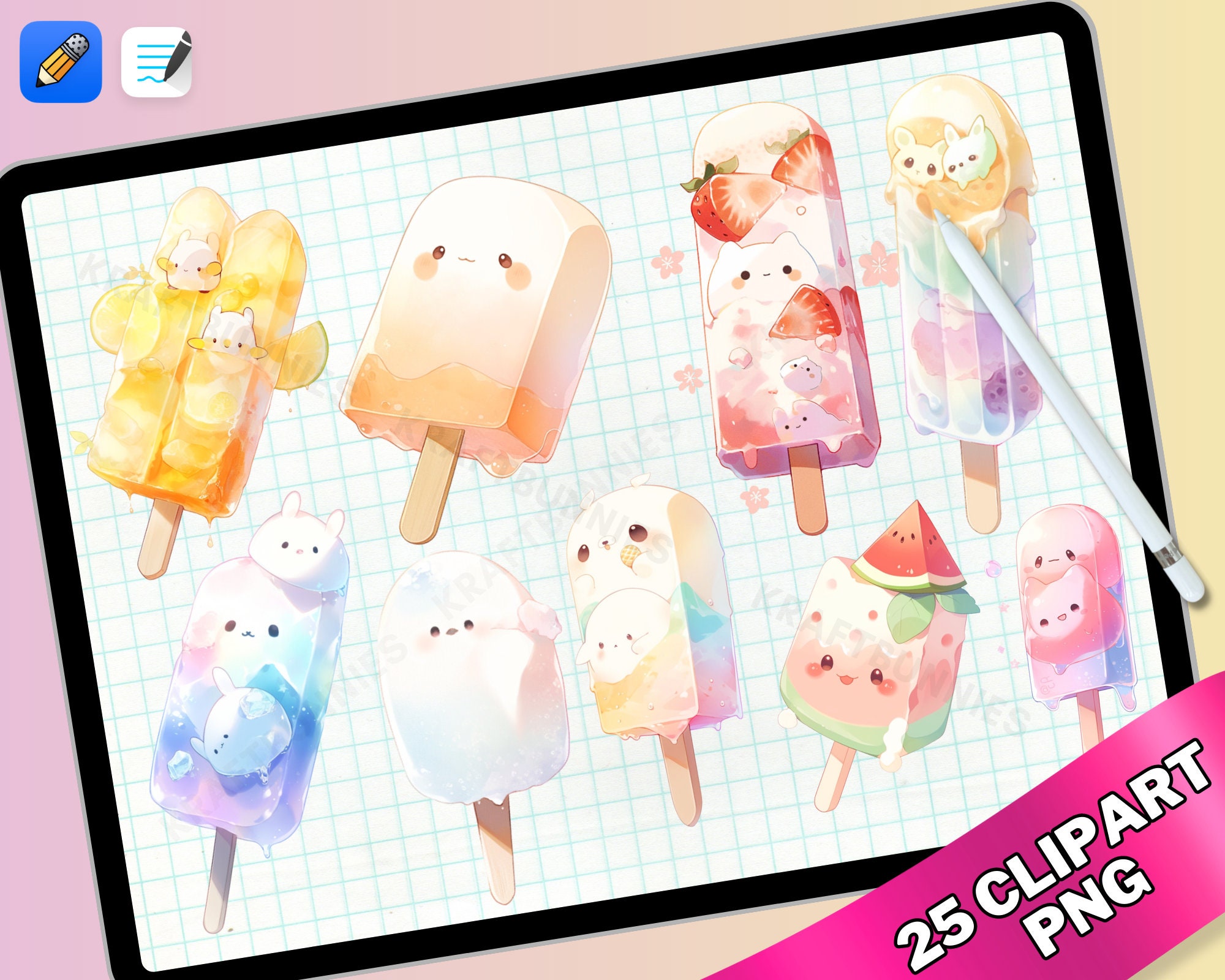 Cute Kawaii Summer Fruit Popsicle Clipart Watercolor Pastel PNG Digital ...