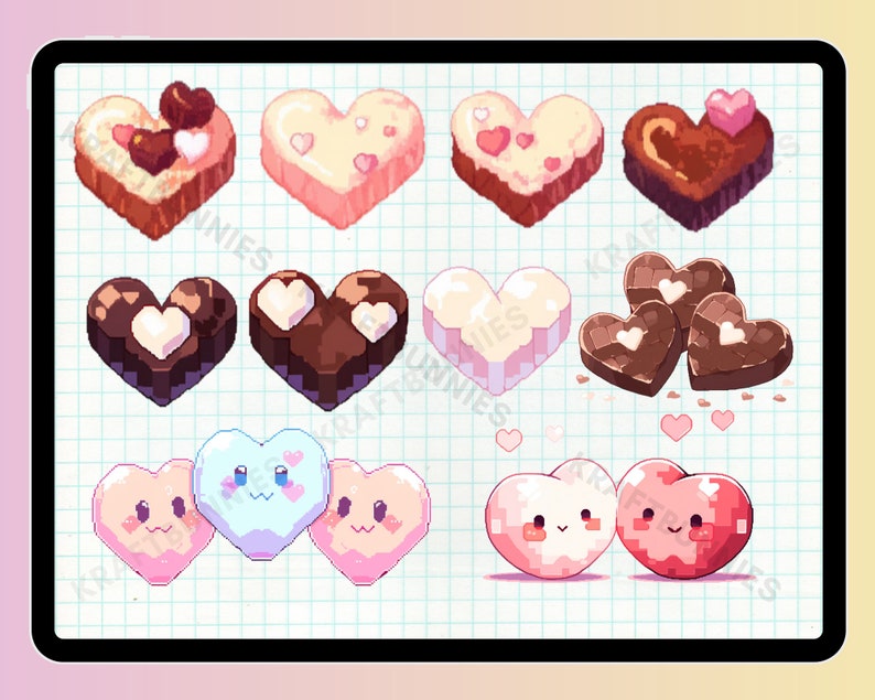 Pixel Art Cute Kawaii Heart Love Emoticon Clipart Pastel Watercolor PNG ...