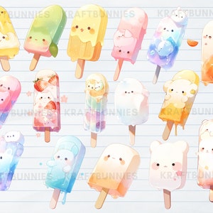 Cute Kawaii Summer Fruit Popsicle Clipart Watercolor Pastel PNG Digital ...