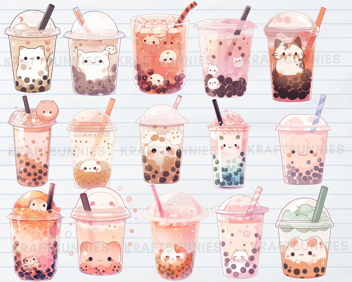 Cute Kawaii Boba Bubble Tea Clipart Watercolor Pastel PNG - Etsy