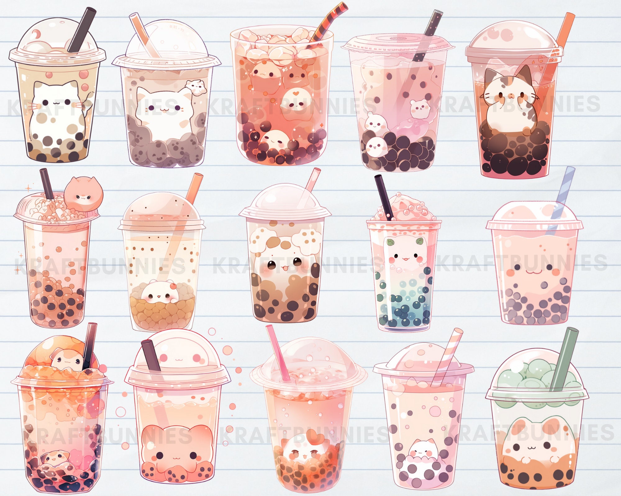 Cute Kawaii Boba Bubble Tea Clipart Watercolor Pastel PNG - Etsy