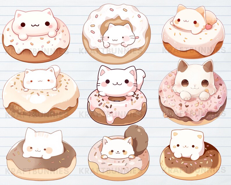 Kawaii Donut Cat Clipart, Pastel Kitten Stickers (PNG Digital Download ...