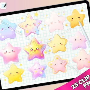 Cute Kawaii Stars Sleepy Dreamy Clipart Watercolor Pastel PNG Digital ...