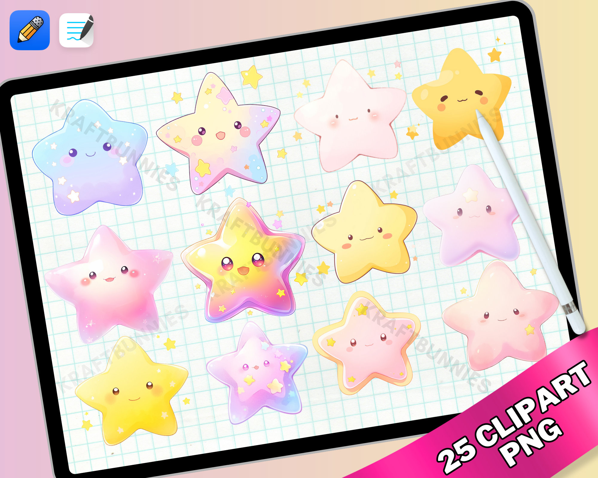 Cute Kawaii Stars Sleepy Dreamy Clipart Watercolor Pastel PNG - Etsy