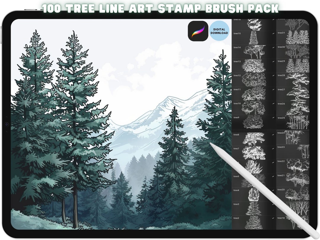 Procreate 100 Tree Line Art Landscape Scenery Stamp Bundle Pack Brushes ...