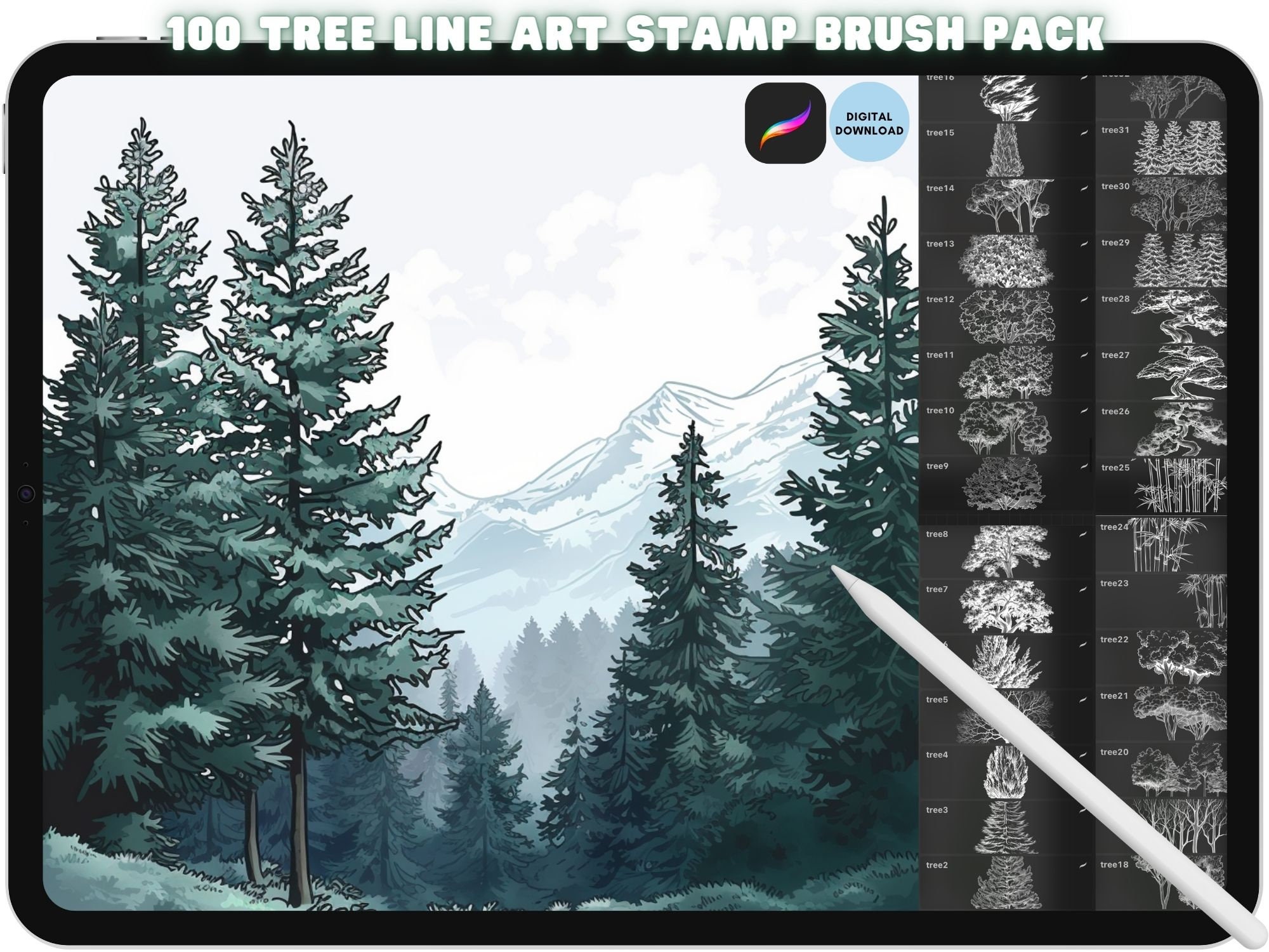 Procreate 100 Tree Line Art Landscape Scenery Stamp Bundle Pack Brushes ...