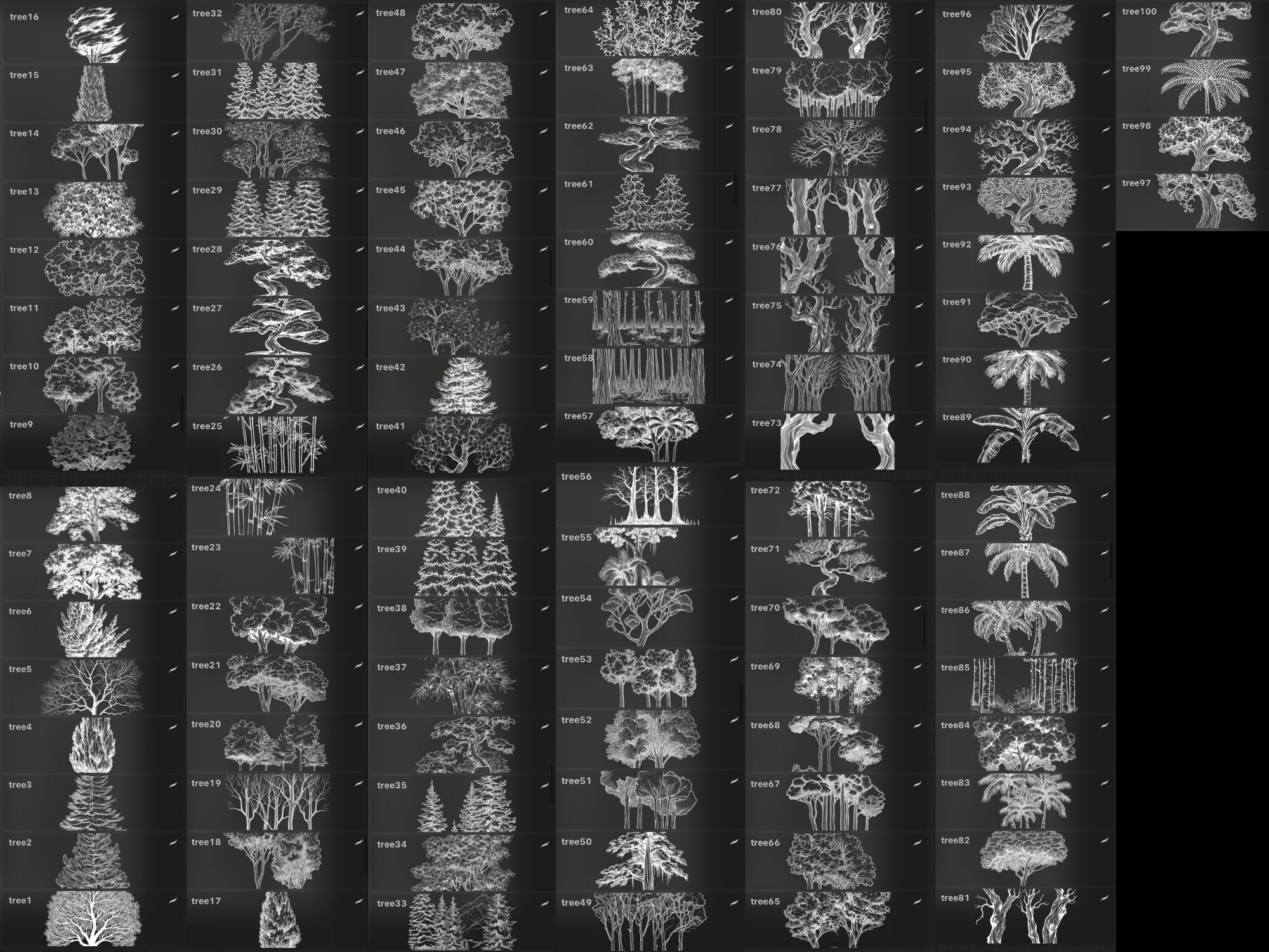 Procreate 100 Tree Line Art Landscape Scenery Stamp Bundle Pack Brushes ...