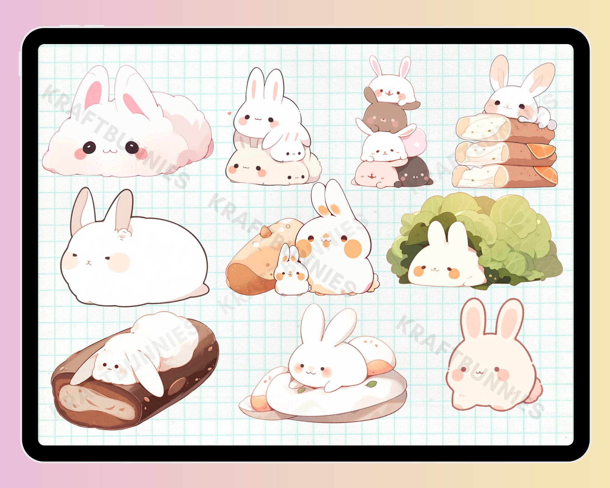 Cute Kawaii Bunny Rabbit Clipart Watercolor Pastel PNG Digital - Etsy
