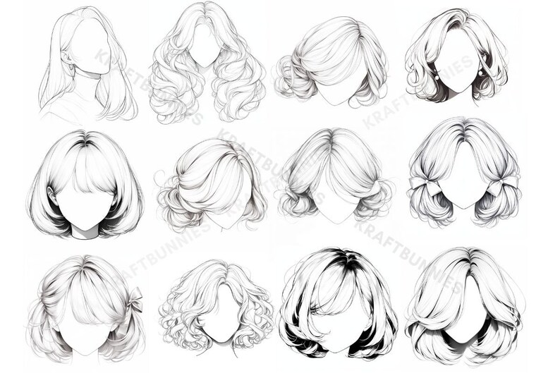 Procreate & Photoshop Girl Hairstyle Line Art Stamp Bundle Pack Long ...