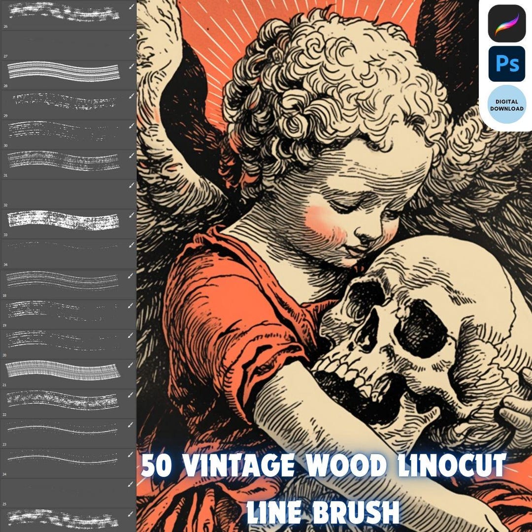 Procreate Photoshop Vintage Woodcut Linocut Line Brush, Bundle Pack ...