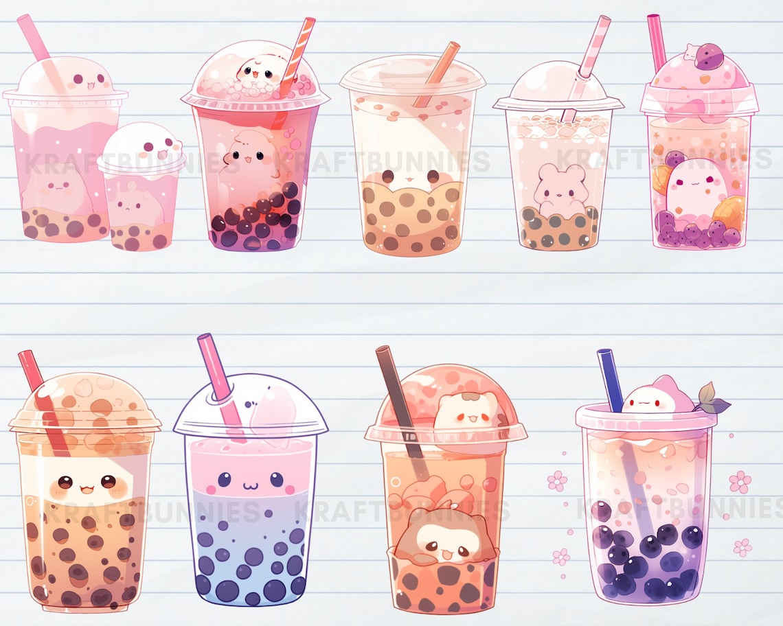 Cute Kawaii Boba Bubble Tea Clipart Watercolor Pastel PNG - Etsy