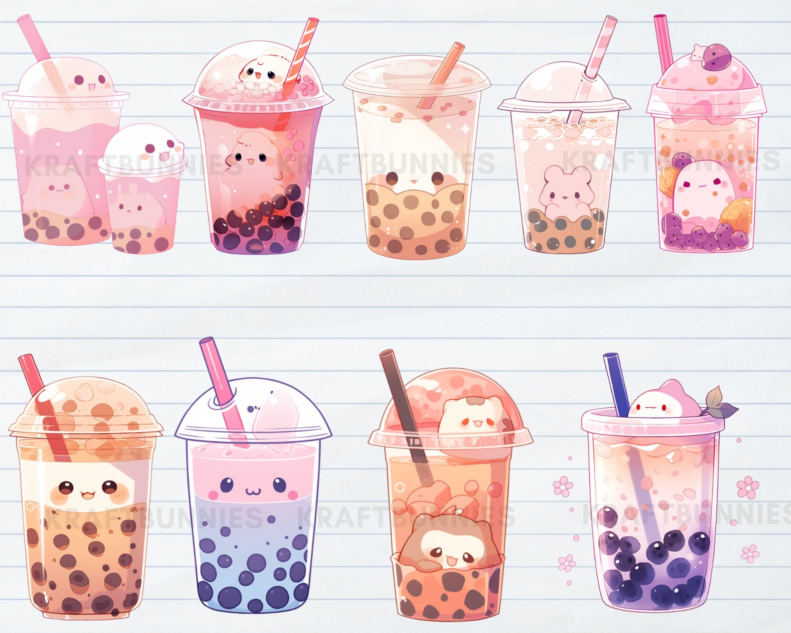 Cute Kawaii Boba Bubble Tea Clipart Watercolor Pastel PNG - Etsy