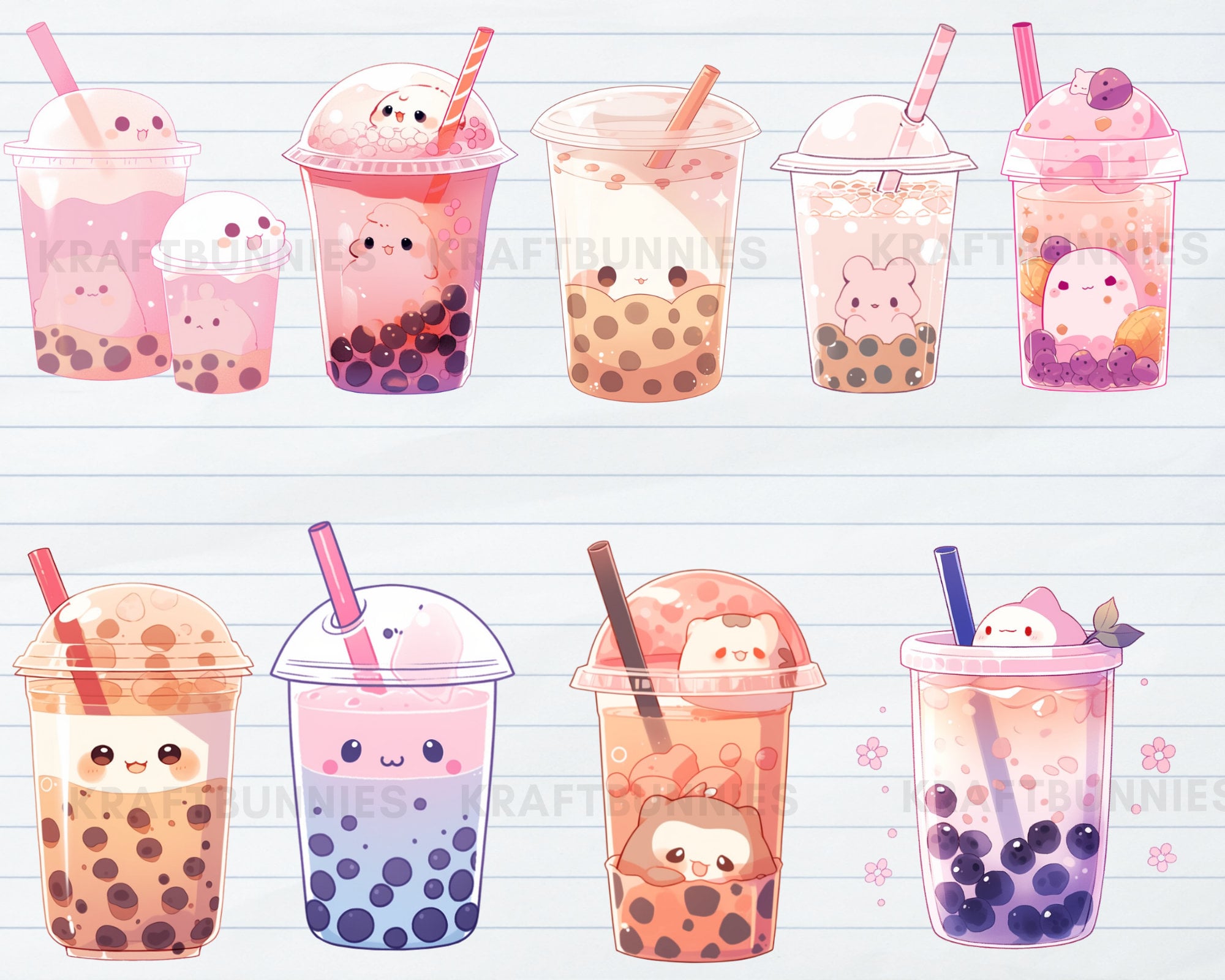 Kawaii Boba Tea Clipart, Pastel Watercolor Stickers (PNG Digital ...