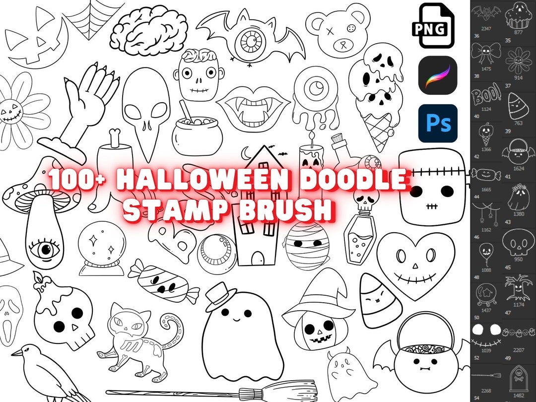 Procreate Photoshop PNG Halloween Doodle Line Art Stamp Brush Spooky ...