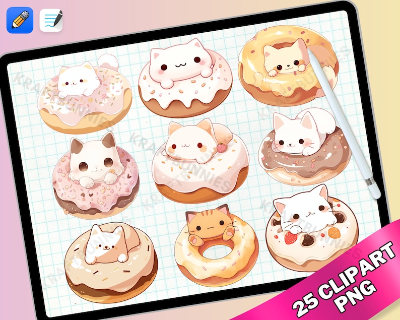 Kawaii Donut Cat Clipart, Pastel Kitten Stickers (PNG Digital Download ...