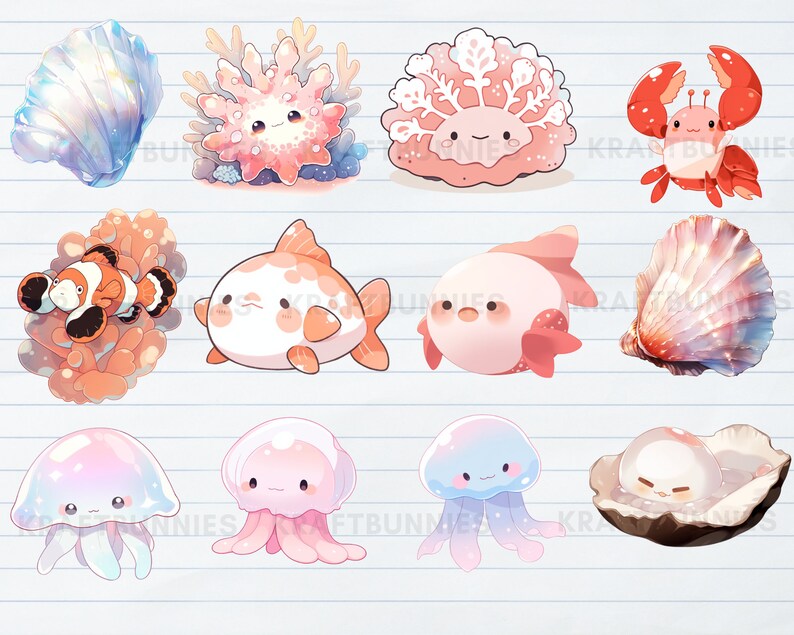 Kawaii Mermaid Clipart, Sea Shells, Corals, Pastel Watercolor (PNG ...