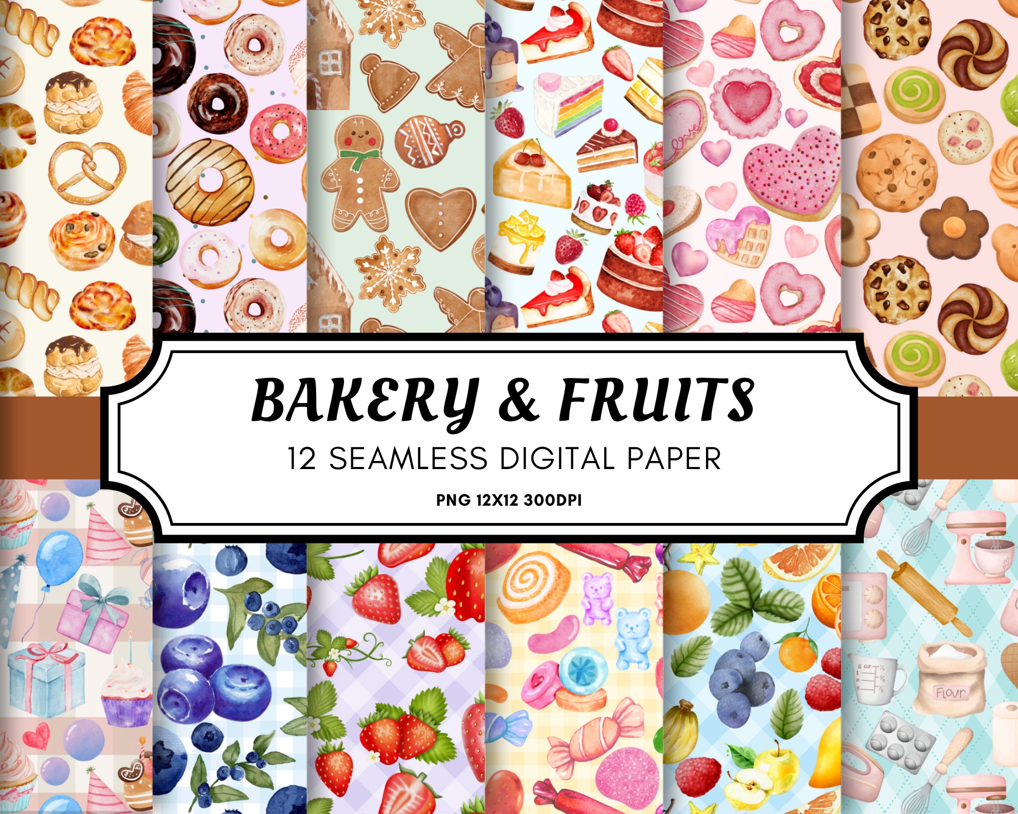 Seamless Pattern Bakery & Fruits in Watercolor Style , Seamless Repeat ...