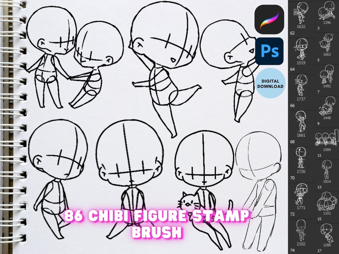Chibi Cute Kawaii Figure Poses Brush Stamps for Procreate & Photoshop ...