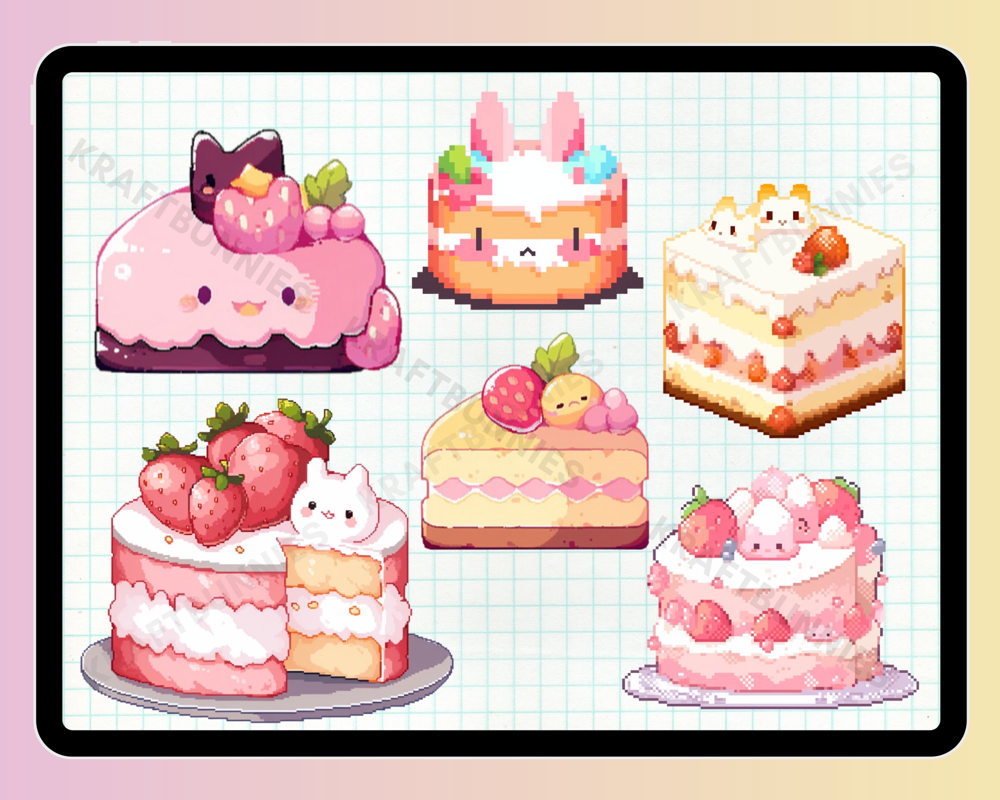 Pixel Art Cute Kawaii Cakes Dessert Pastry Clipart Pastel Watercolor ...