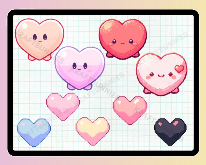 Pixel Art Cute Kawaii Heart Love Emoticon Clipart Pastel Watercolor PNG ...