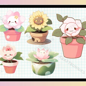 Cute Kawaii Flowers and Plants in Pots Planters Foliage Botanical ...