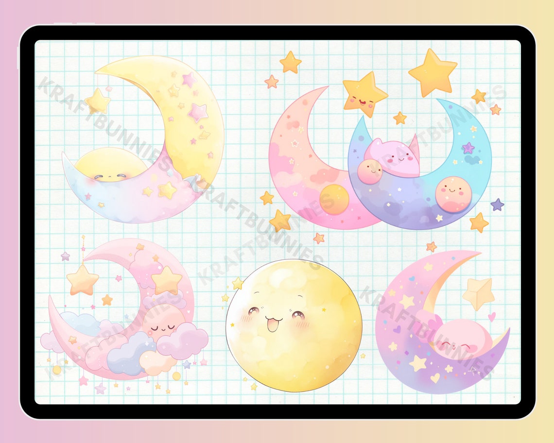 Cute Kawaii Crescent Moon Phase Dreamy Sleepy Clipart Watercolor Pastel ...