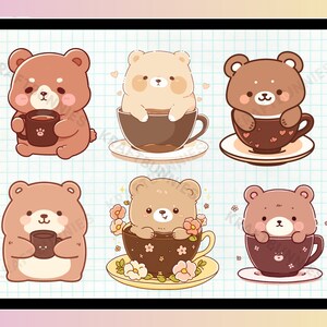 Cute Kawaii Coffee Teddy Bear Clipart Watercolor Pastel PNG Digital ...