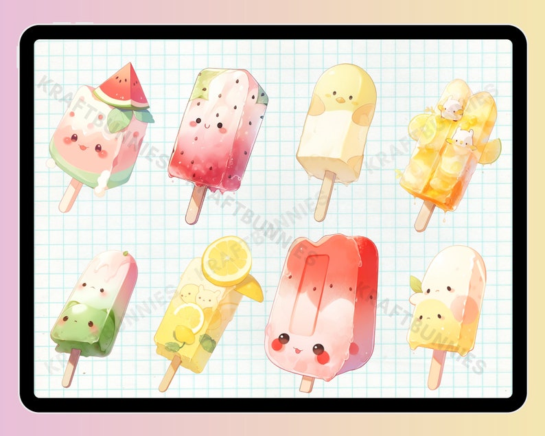 Cute Kawaii Summer Fruit Popsicle Clipart Watercolor Pastel PNG Digital ...