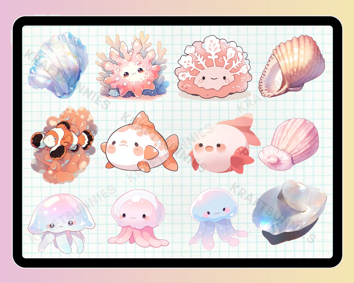 Cute Kawaii Mermaid Sea Corals and Shell Clipart Pastel - Etsy