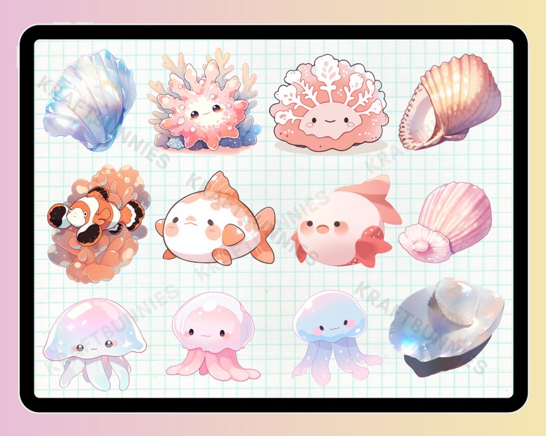 Kawaii Mermaid Clipart, Sea Shells, Corals, Pastel Watercolor (PNG ...