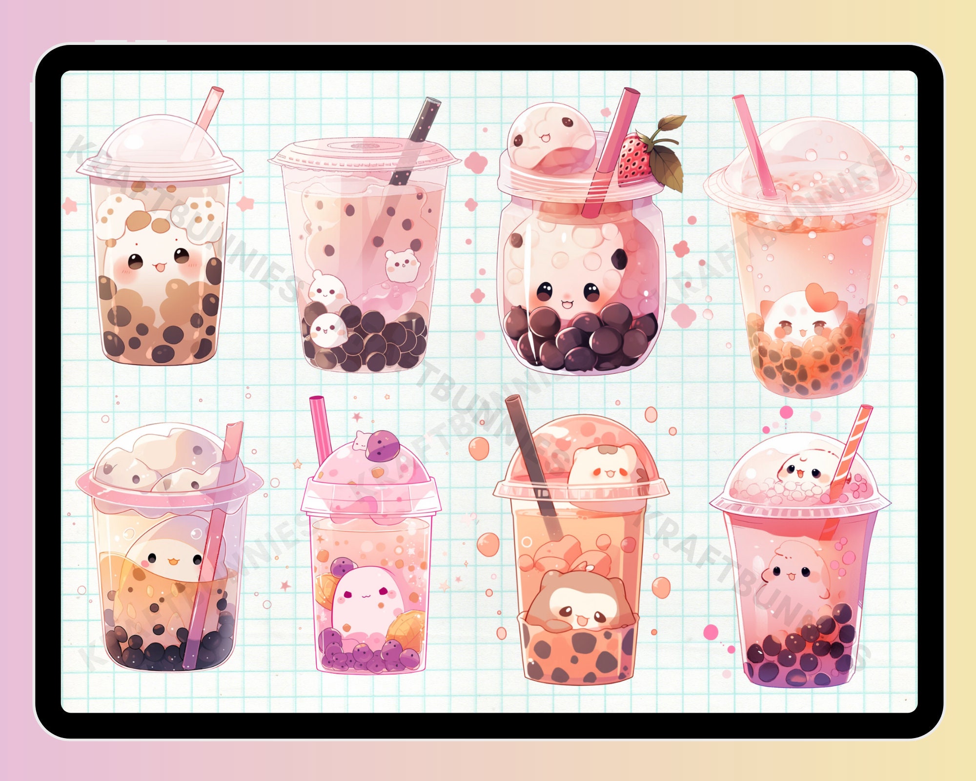 Kawaii Boba Tea Clipart, Pastel Watercolor Stickers (PNG Digital ...