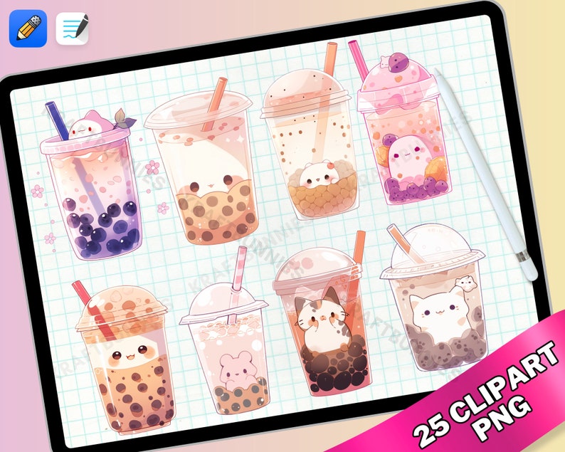 Kawaii Boba Tea Clipart, Pastel Watercolor Stickers (PNG Digital ...