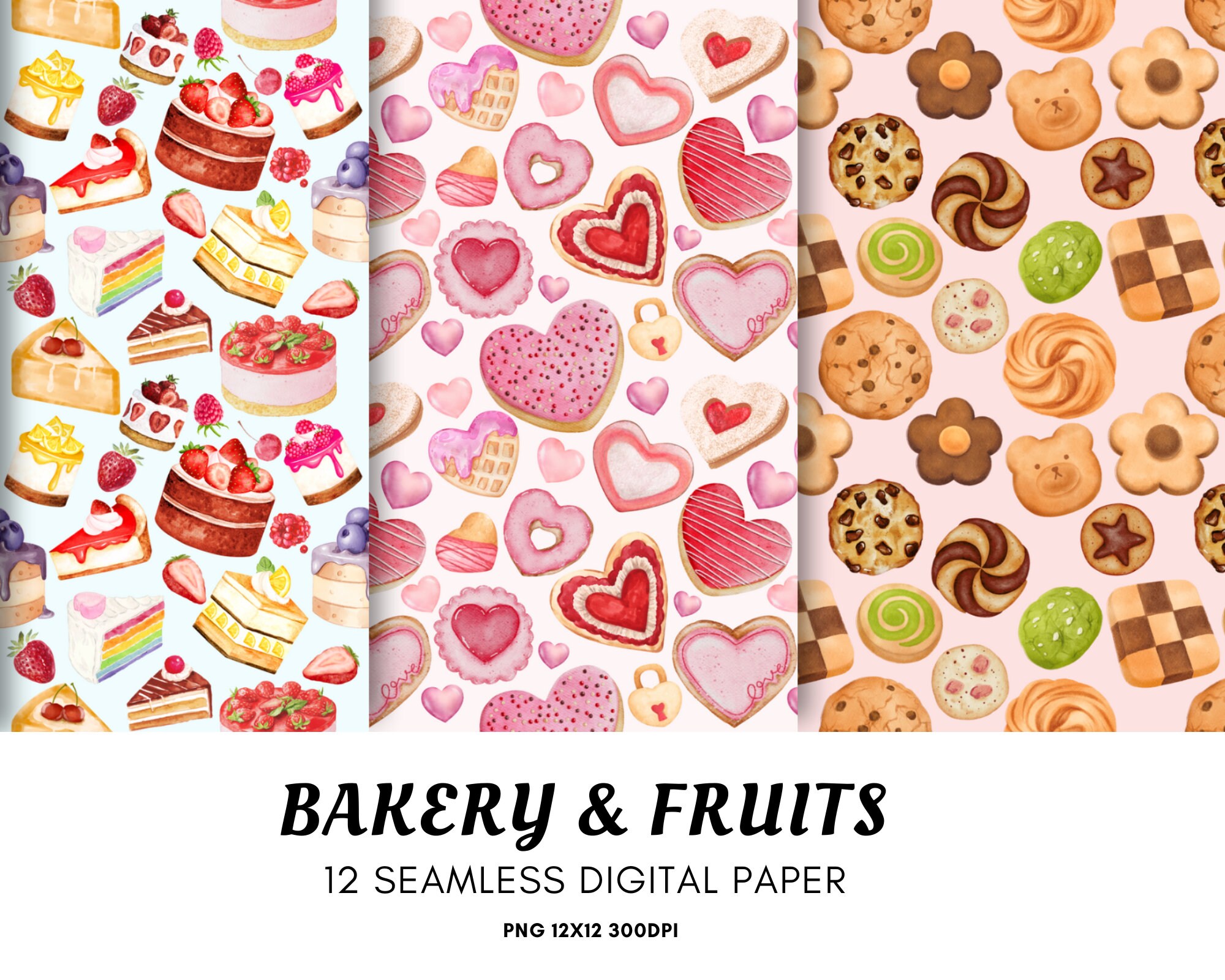 Seamless Pattern Bakery & Fruits in Watercolor Style , Seamless Repeat ...
