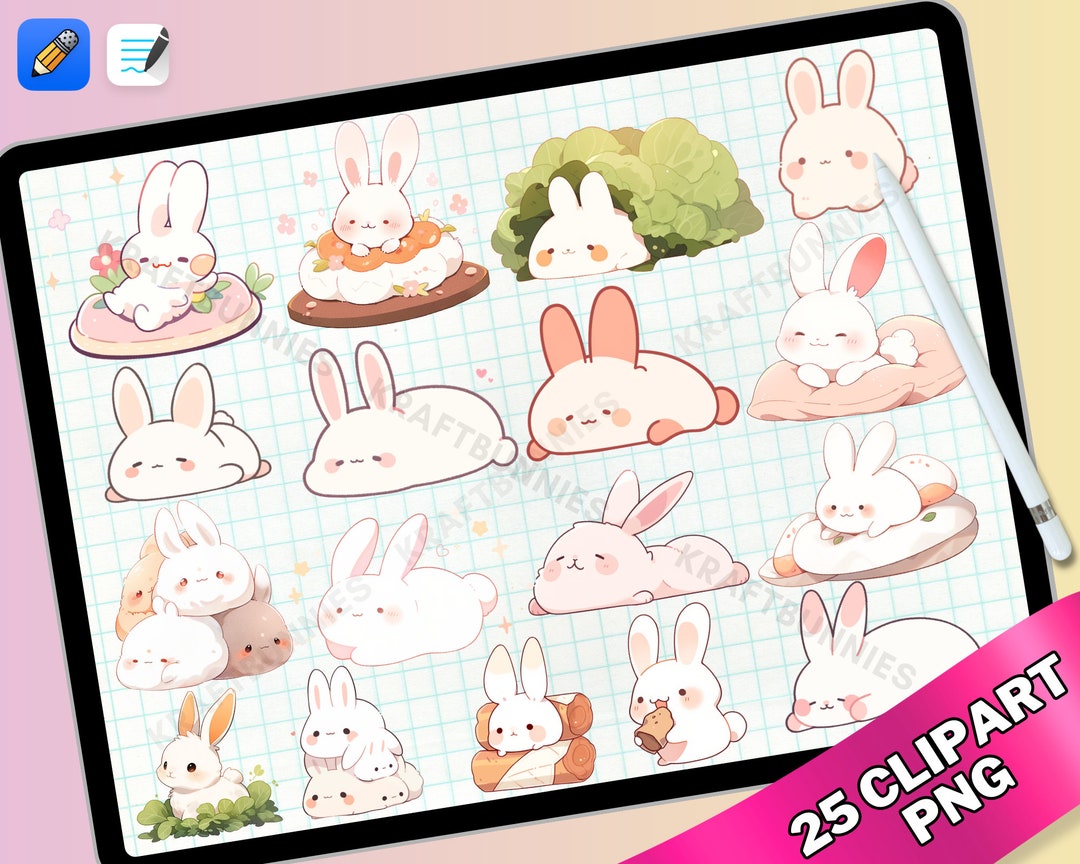 Cute Kawaii Bunny Rabbit Clipart Watercolor Pastel PNG Digital Sticker ...